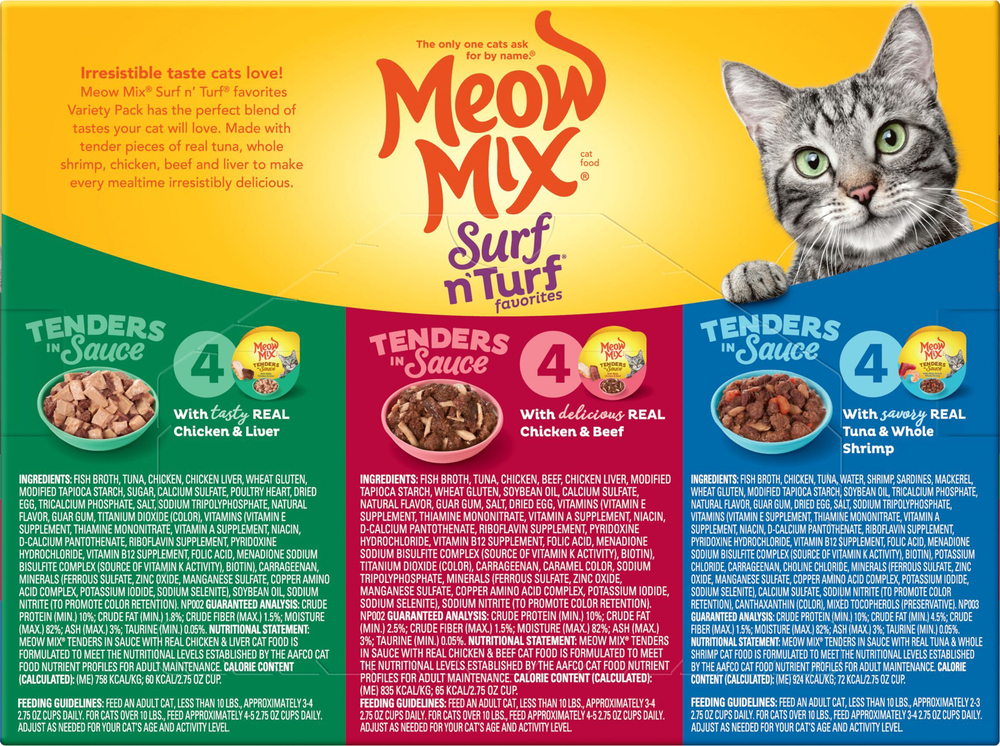 Meow Mix Surf n' Turf Adult Real Chicken & Liver/Real Chicken & Beef ...