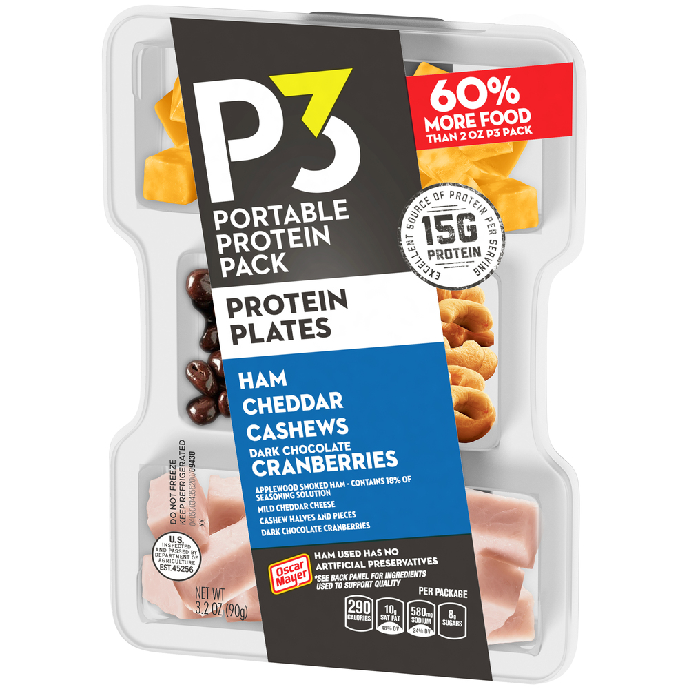P3 Ham, Cashews, Cheddar & Dark Chocolate Cranberries Portable Protein ...