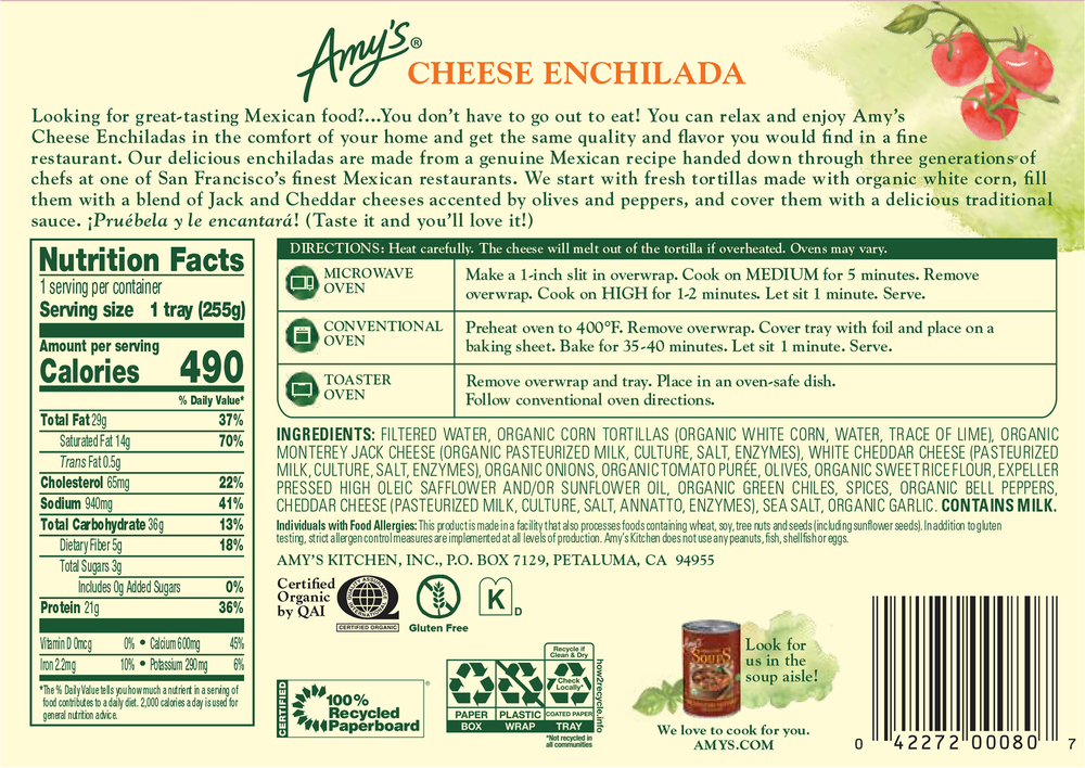 Amy's Amy’s Frozen Entrées, Cheese Enchilada, Gluten free, 9 oz ...