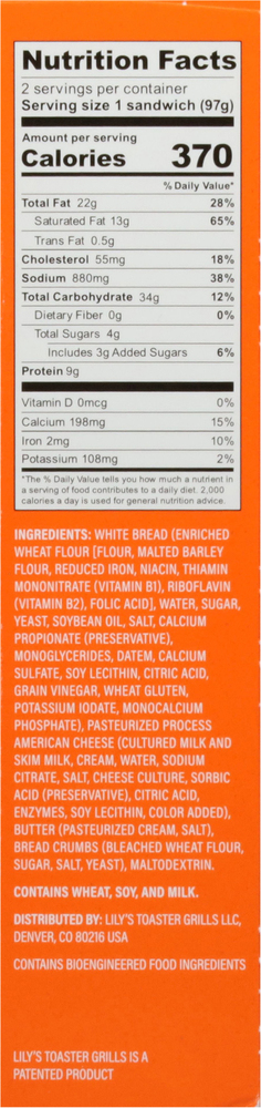 Lily's Toaster Grills Sandwich, Grilled American Cheese, 2 Pack ...