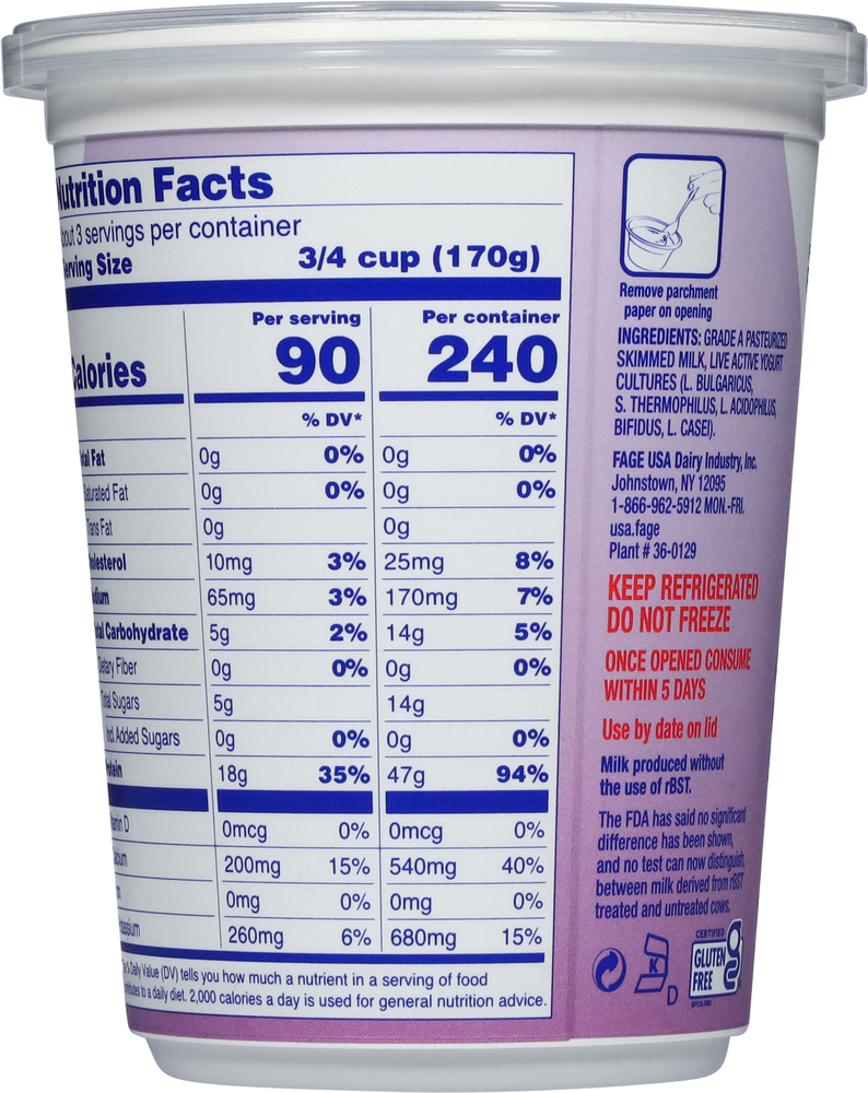 Fage Total Yogurt, Greek, Nonfat, 0% Milkfat, Strained-Planogram-Back