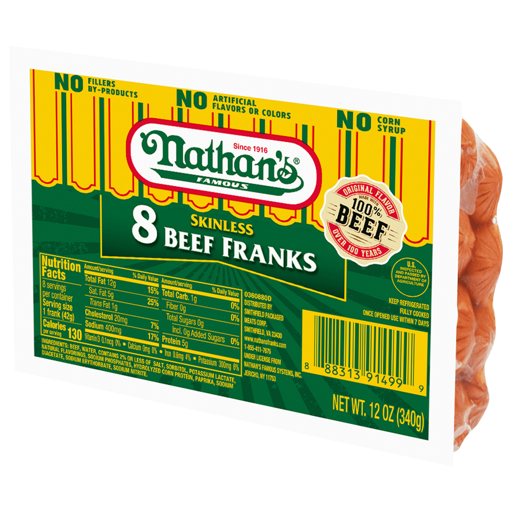 Nathan's Famous Beef Franks, Skinless-Front-Right-Elevated