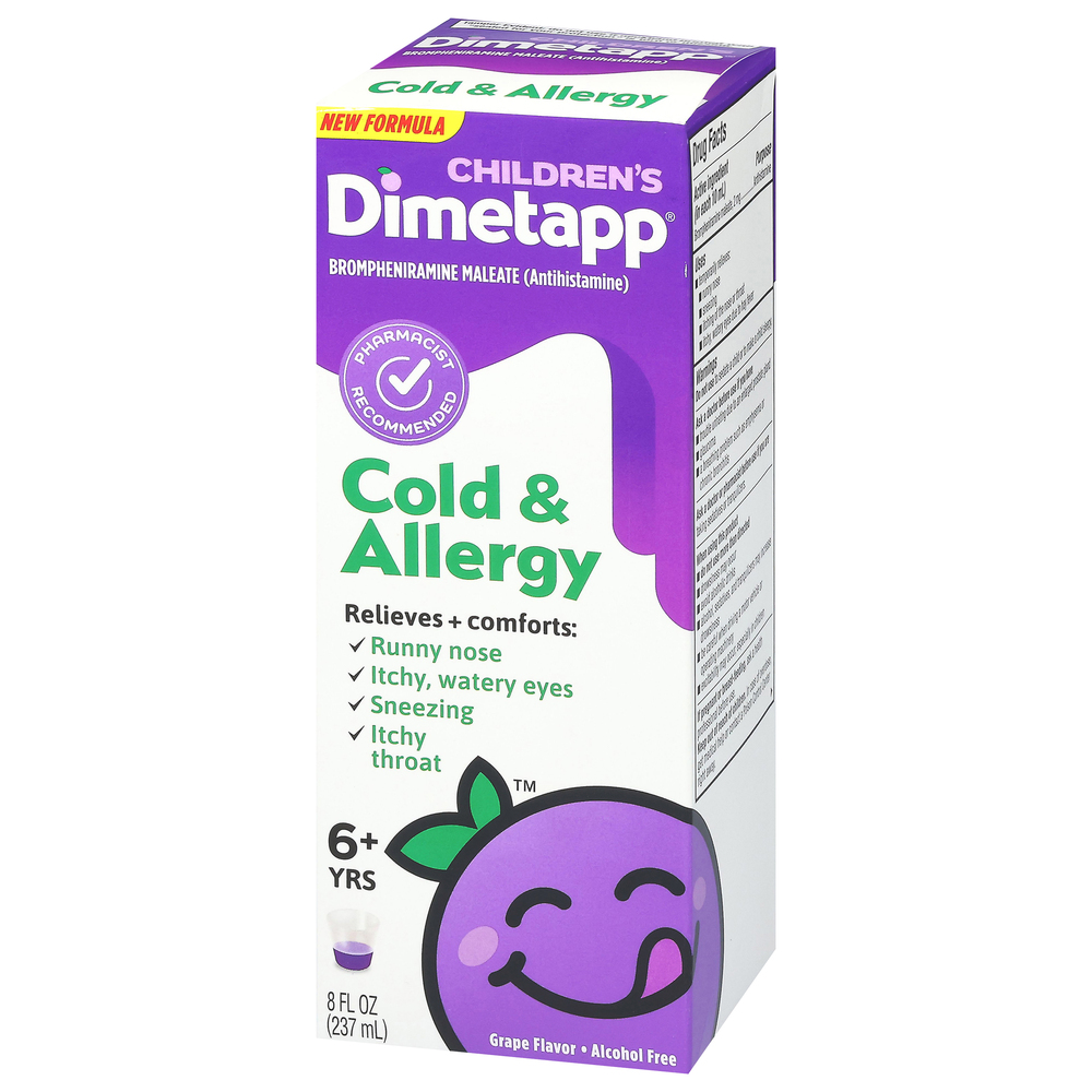 Dimetapp Cold & Allergy, Grape Flavor, Alcohol-Free-Front-Right-Elevated