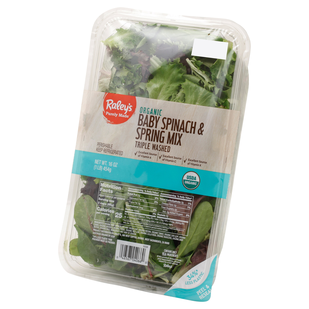 Raley's Purely Made Organic Baby Spinach & Spring Mix-Front-Right-Elevated