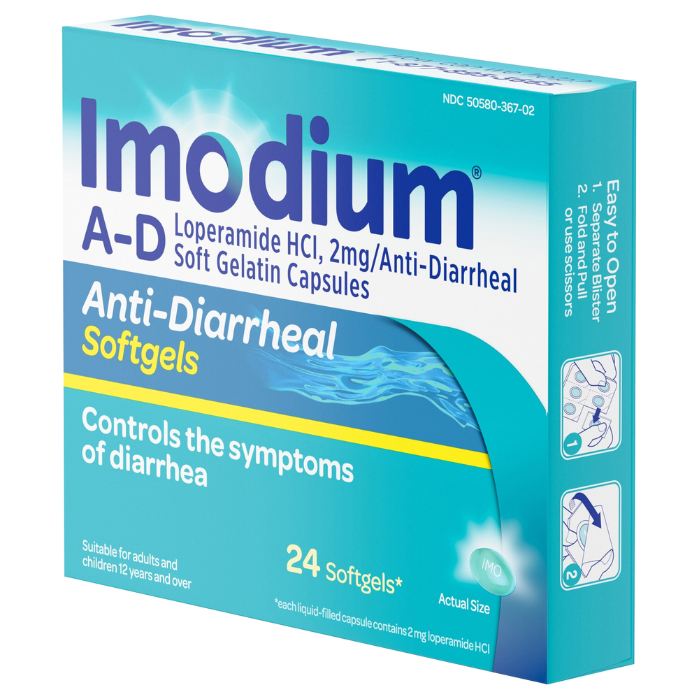 Imodium Anti-Diarrheal, Softgels-Front-Right-Elevated