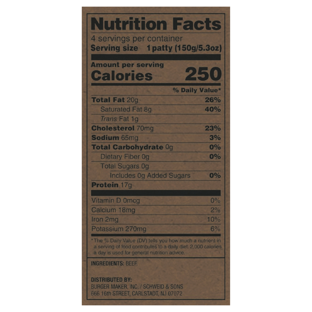 Schweid & Sons Beef Burgers, Fresh Ground, 80%/20%, The Butcher's Blend-Nutrition-Facts