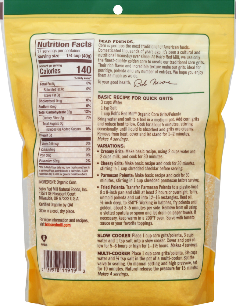 Bobs Red Mill Corn Grits, Organic, Polenta-Planogram-Back