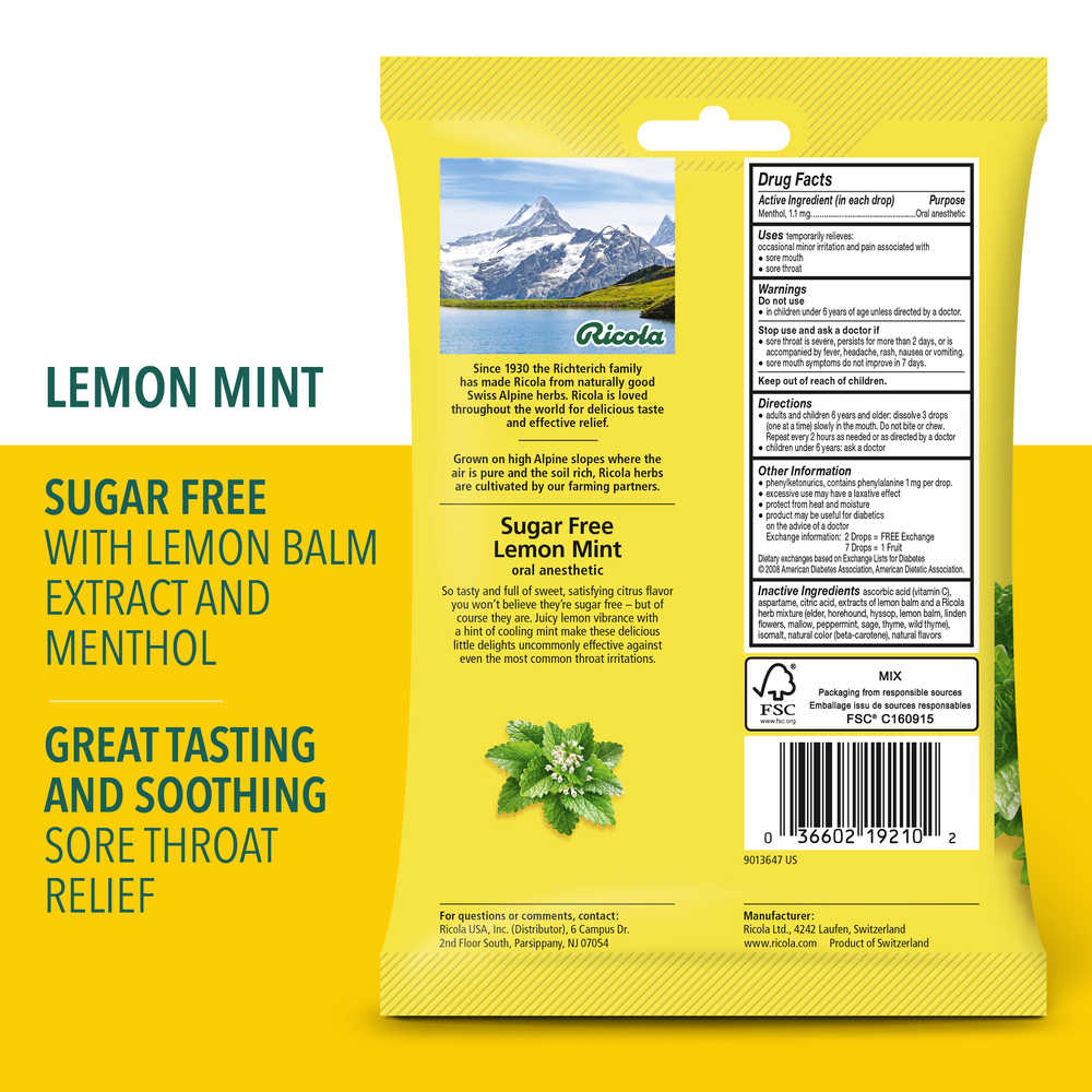 Ricola Cough Drops, Sugar Free, Lemon Mint-Planogram-Back
