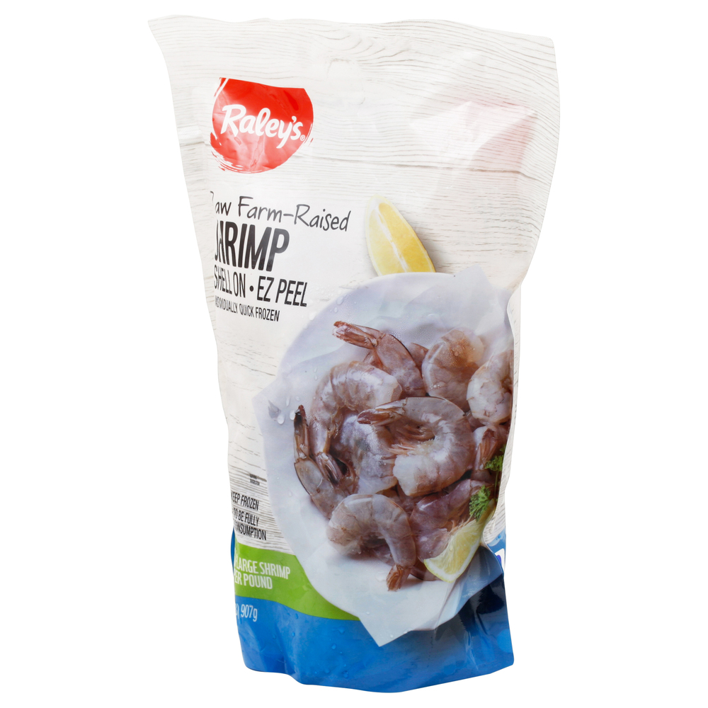 Raley's Shrimp, Raw, Farm-Raised, Shell On, X-Large-Front-Right-Elevated