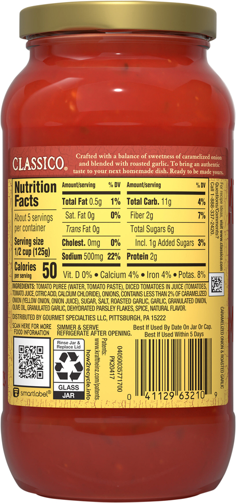 Classico Caramelized Onion & Roasted Garlic Pasta Sauce-Planogram-Back