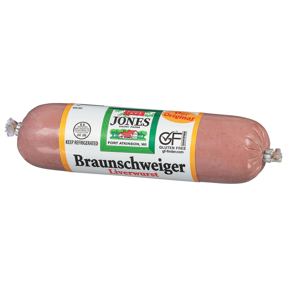 Jones Dairy Farm Liverwurst, Braunschweiger-Front-Right-Elevated