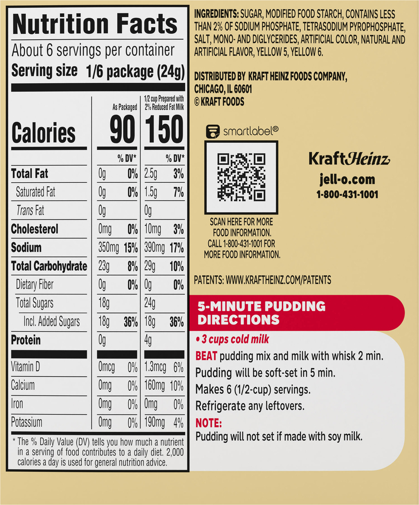 Jell-O Pudding & Pie Filling, Vanilla, Instant, Family Size-Planogram-Back