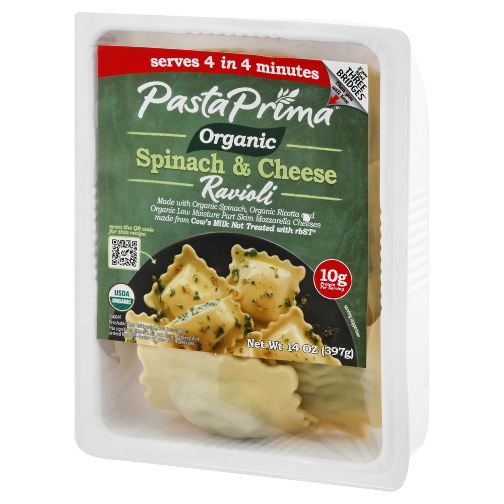 Pasta Prima Ravioli, Organic, Spinach & Cheese-Front-Right-Elevated