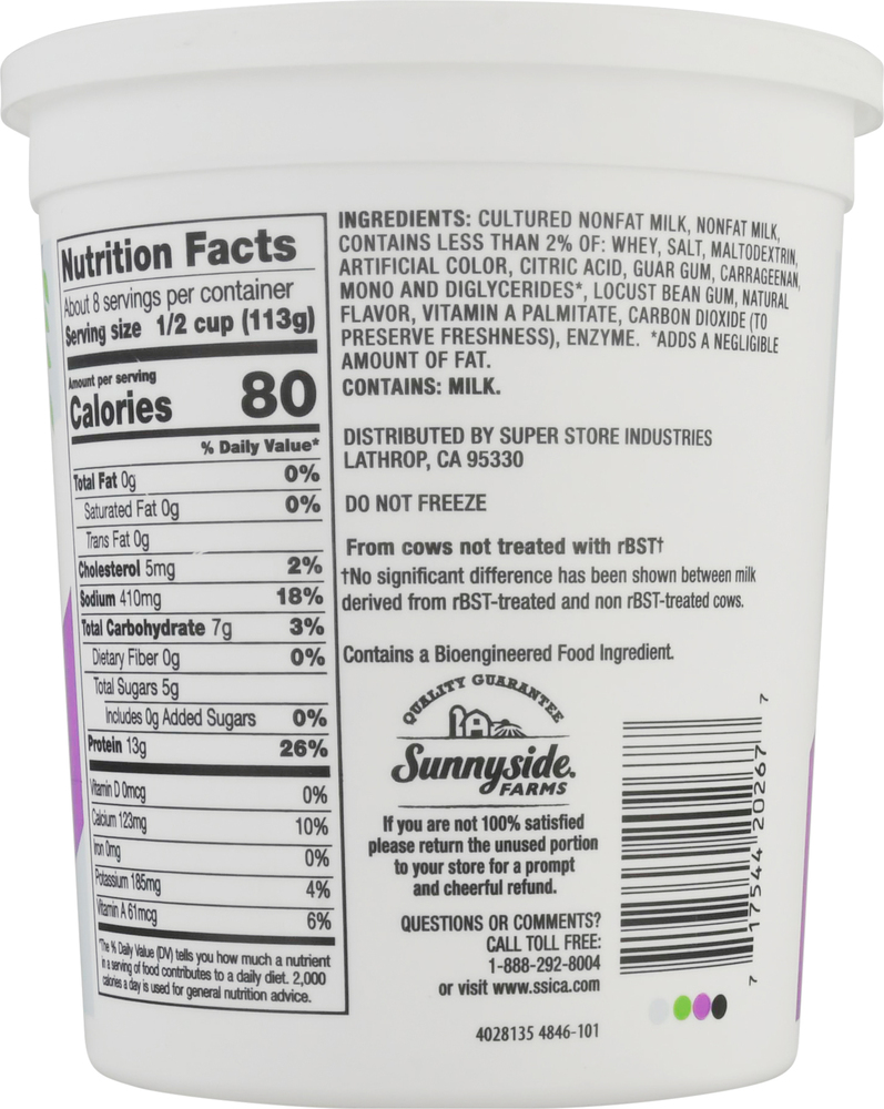 Sunnyside Farms Cottage Cheese, Small Curd, Fat Free-Planogram-Back