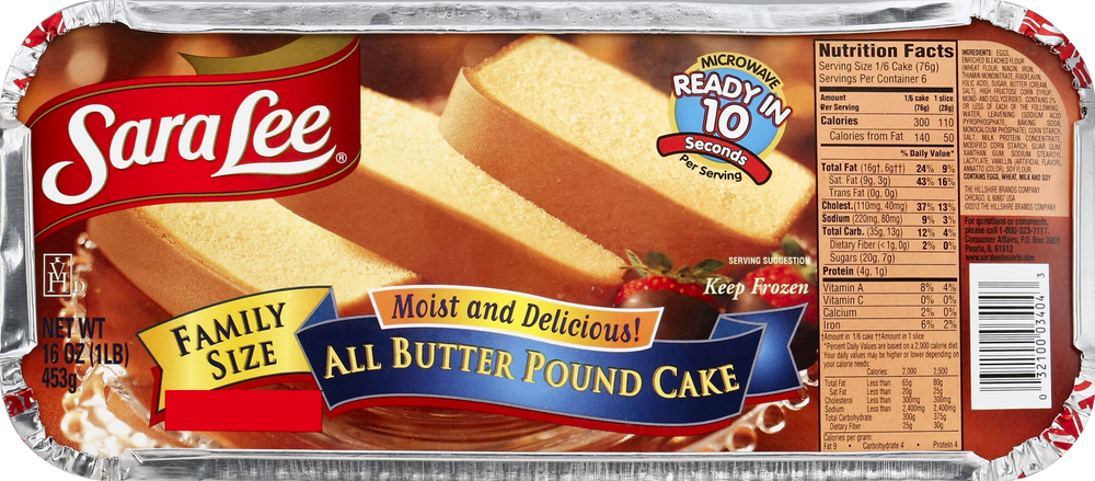 Sara Lee Pound Cake, All Butter, Family Size-Ecom
