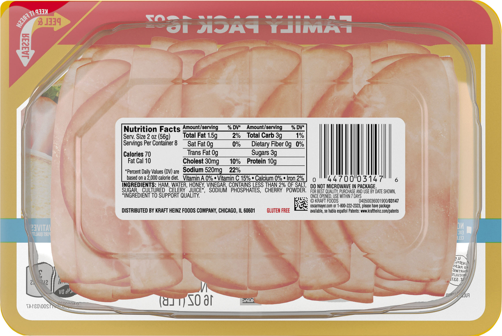 Oscar Mayer Deli Fresh Ham, Uncured, Honey, Family Pack-Planogram-Back