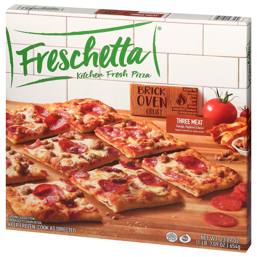 Freschetta Pizza, Brick Oven Crust, Three Meat-Front-Right-Elevated