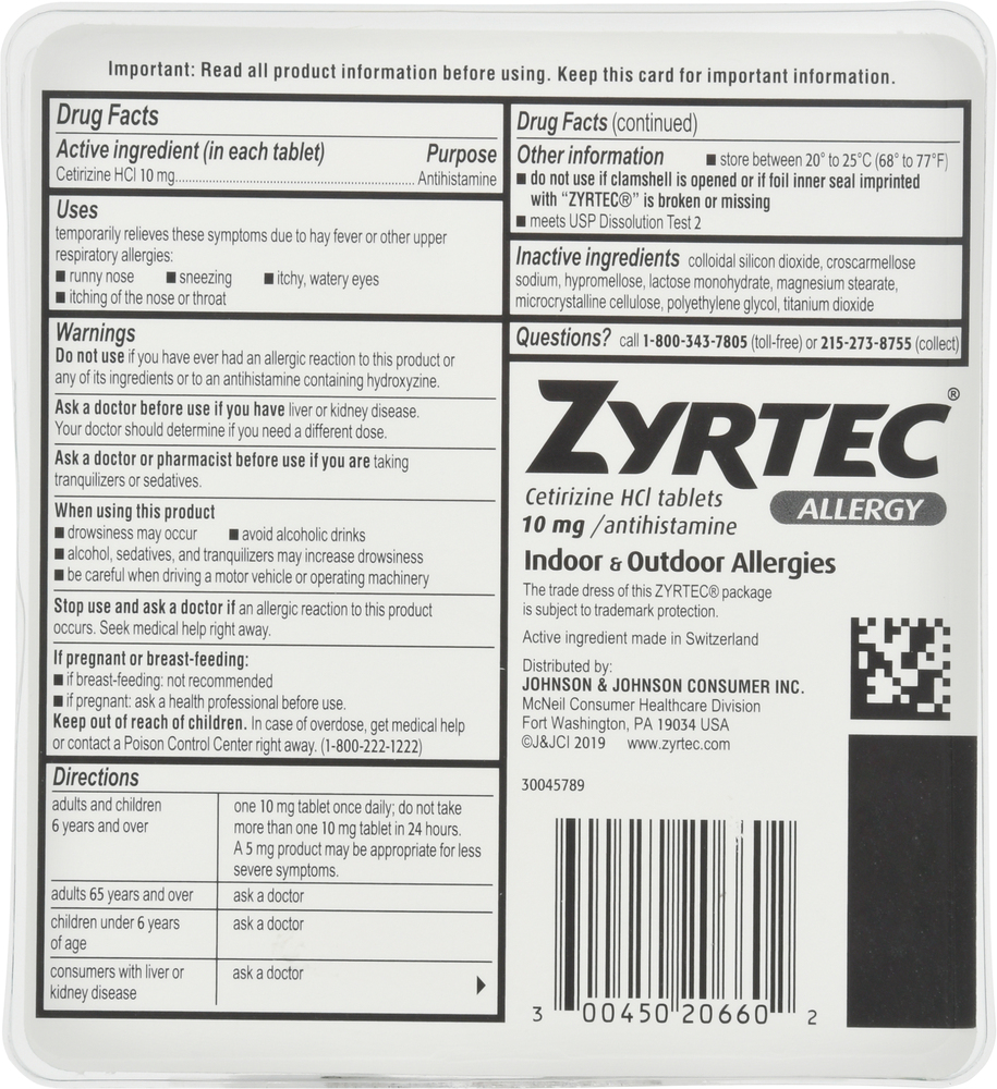 Zyrtec Allergy, Original Prescription Strength, 10 mg, Tablets ...