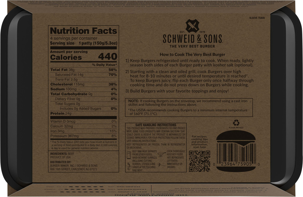 Schweid & Sons Beef Burgers, Fresh Ground, 75%/25%, The Signature Blend-Planogram-Back