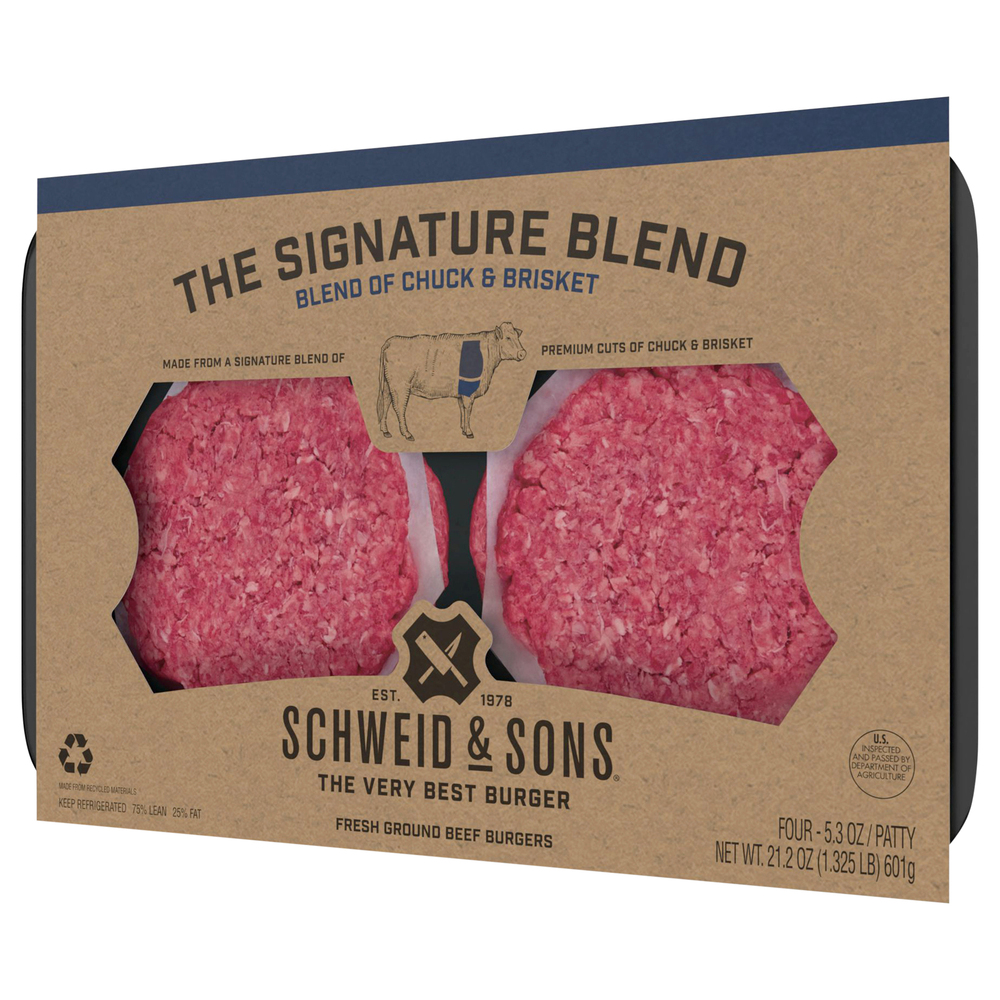 Schweid & Sons Beef Burgers, Fresh Ground, 75%/25%, The Signature Blend-Front-Right-Elevated