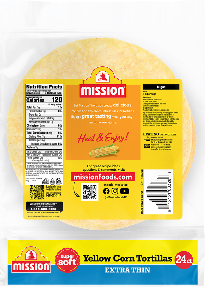 Mission Tortillas, Yellow Corn, Low Fat, Extra Thin, Super Soft ...