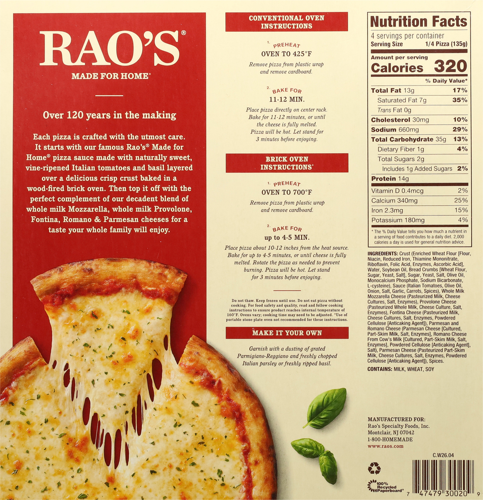 Rao's Made for Home Pizza, Brick Oven Crust, Five Cheese-Planogram-Back