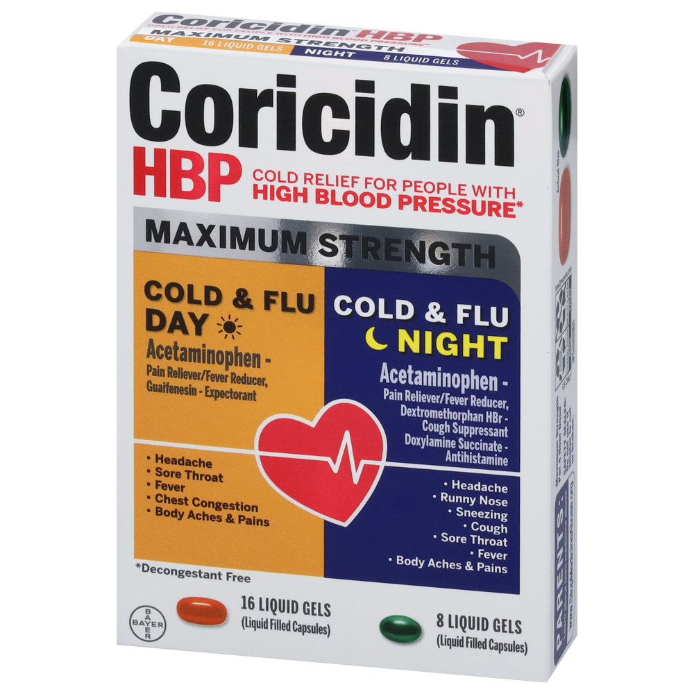 Coricidin HBP Cold & Flu, Day/Night, Maximum Strength, Liquid Gels ...