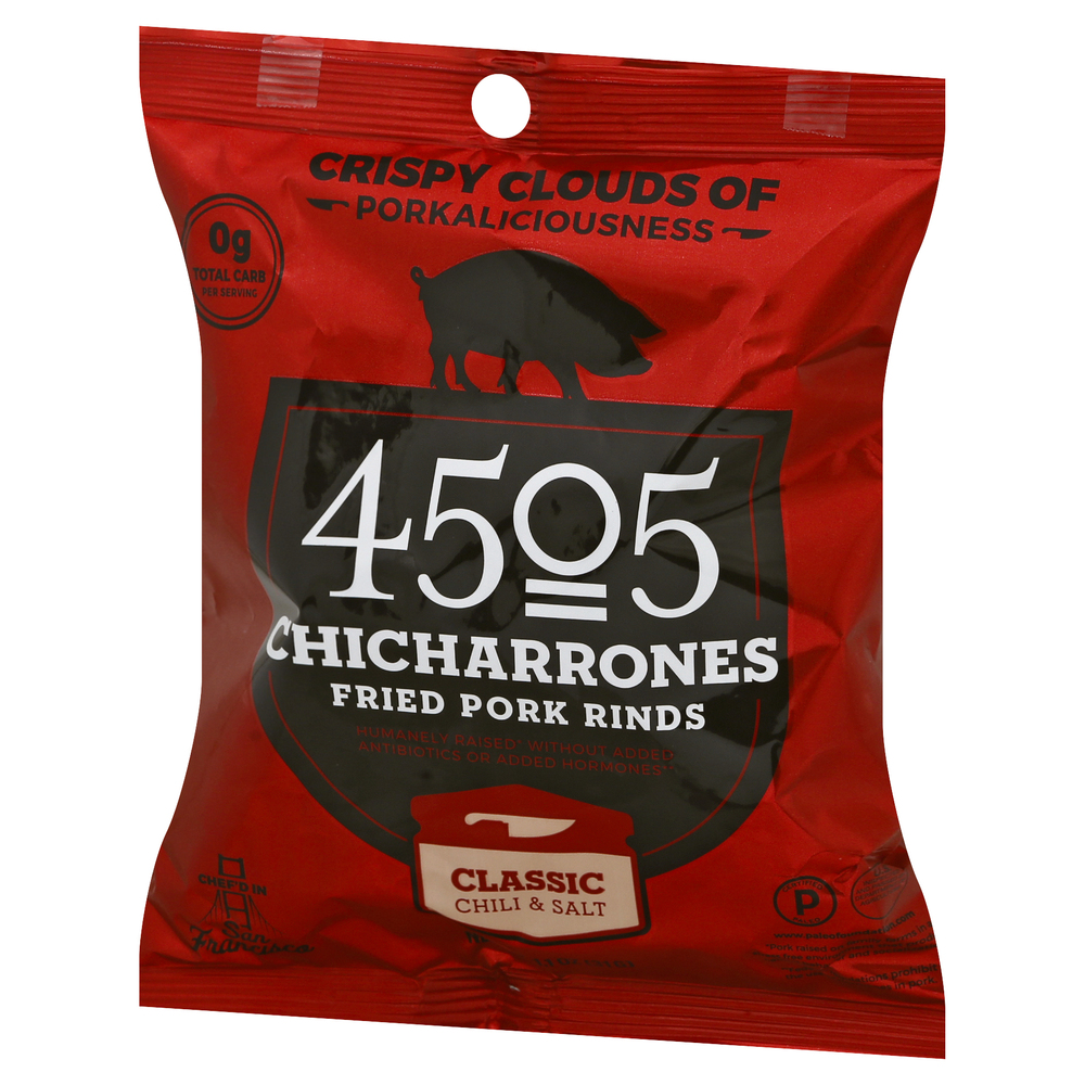 4505 Meats Fried Pork Rinds, Chicharonnes, Classic Chili & Salt-Front ...
