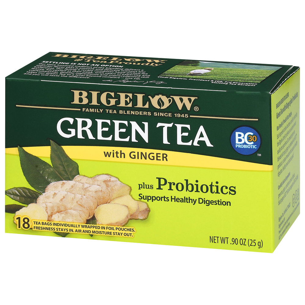 Bigelow Green Tea, with Ginger, Tea Bags-Front-Right-Elevated