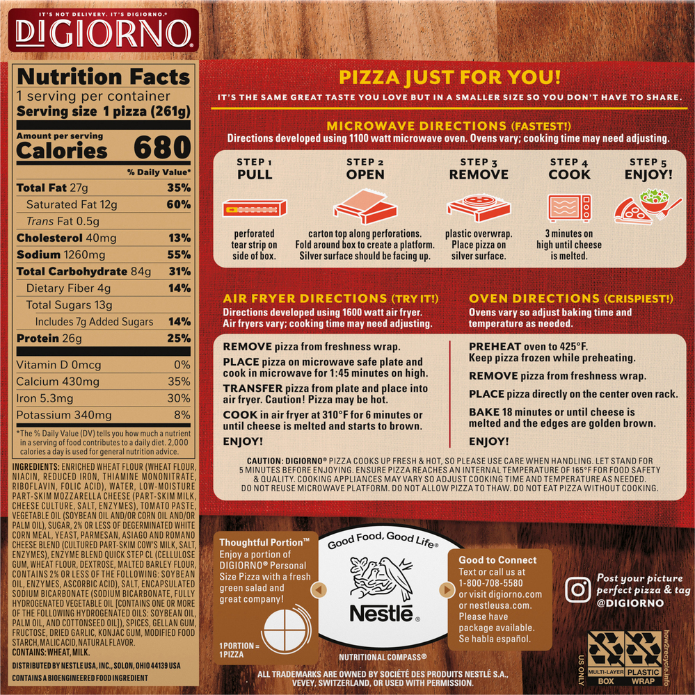 DiGiorno Pizza, Four Cheese, Hand-Toasted Style Crust, Personal Size ...