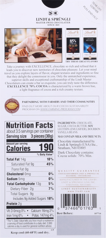 Lindt Excellence Dark Chocolate, 70% Cocoa-Planogram-Back