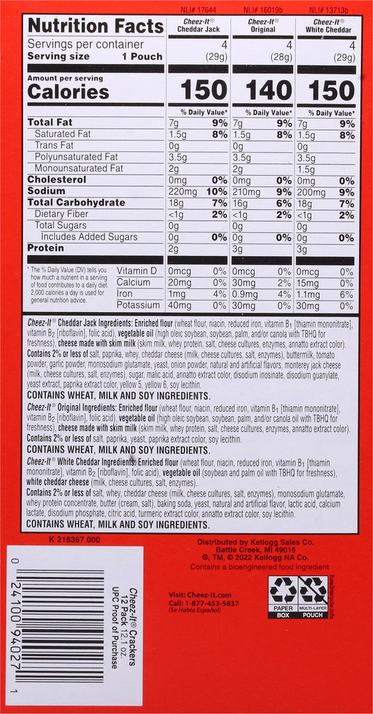 Cheez-It Snack Crackers, Original/Cheddar Jack/White Cheddar, 12 Packs ...