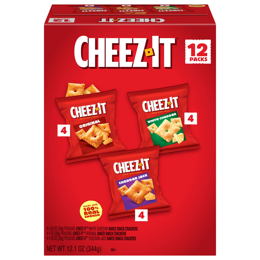 Cheez-It Snack Crackers, Original/White Cheddar/Cheddar, Baked, 12 ...