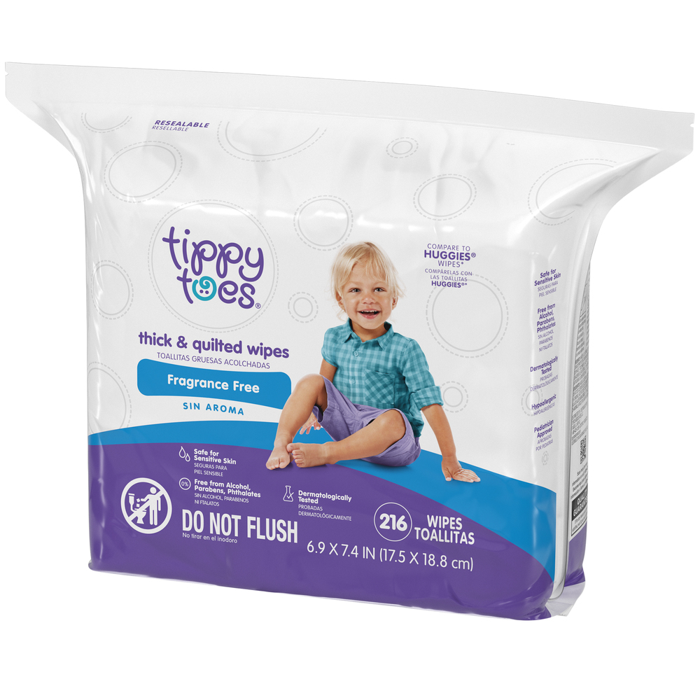 Tippy Toes Wipes, Thick Quilted, Fragrance Free-Front-Right-Elevated