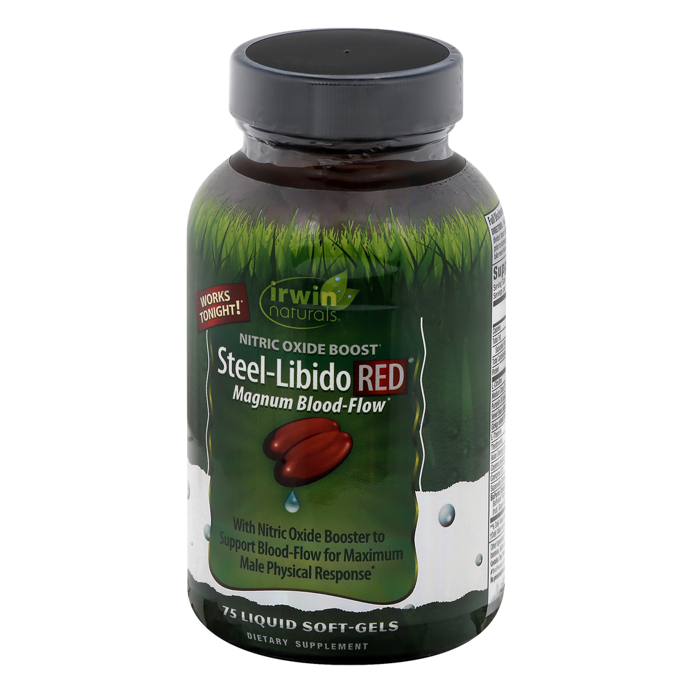 Irwin Naturals Steel Libido Red Liquid Soft Gels Front Right Elevated 6006