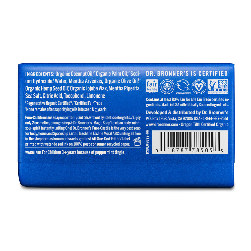 Dr Bronners Bar Soap, Pure-Castile, All-One Hemp, Peppermint-Ingredients