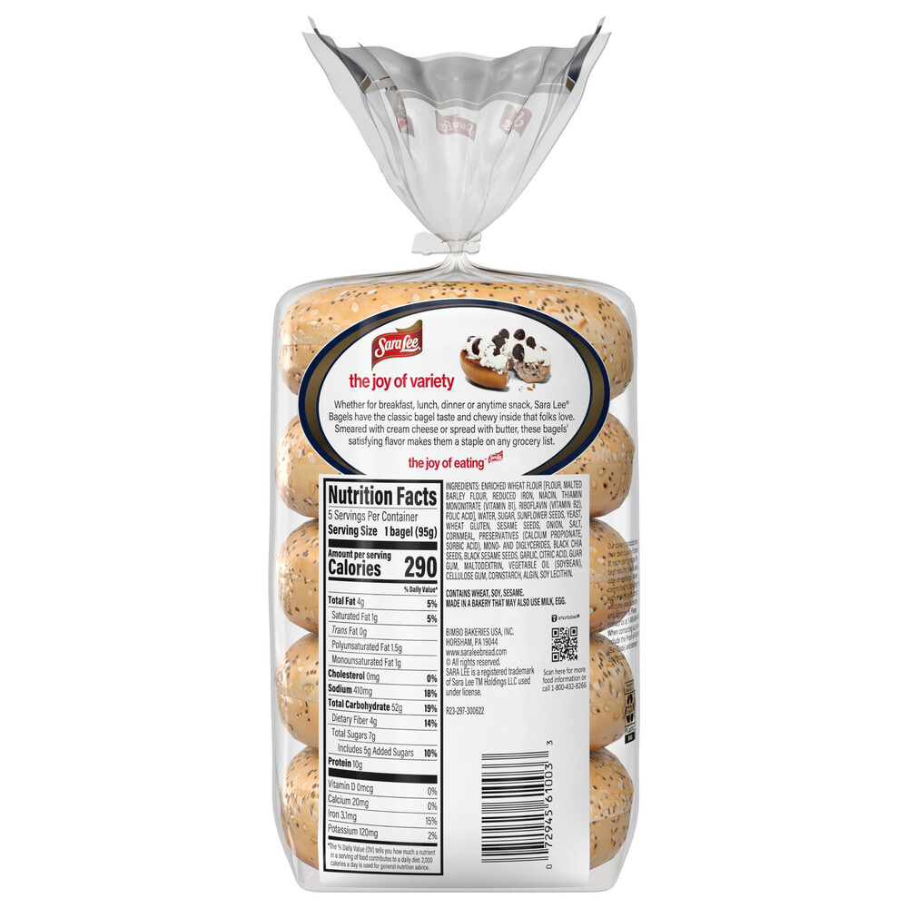 Sara Lee Everything Sliced Bagel- Full Size Bagels, 5 count, 16.7 oz ...
