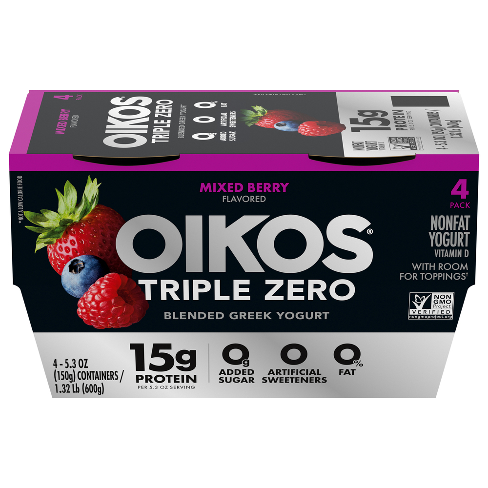 Oikos Triple Zero Yogurt, Greek, Mixed Berry Flavored, Blended, 4 Pack-Main