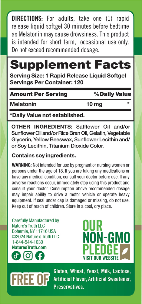 Nature's Truth Melatonin, Rapid Release, 10 mg, Softgels-Planogram-Right