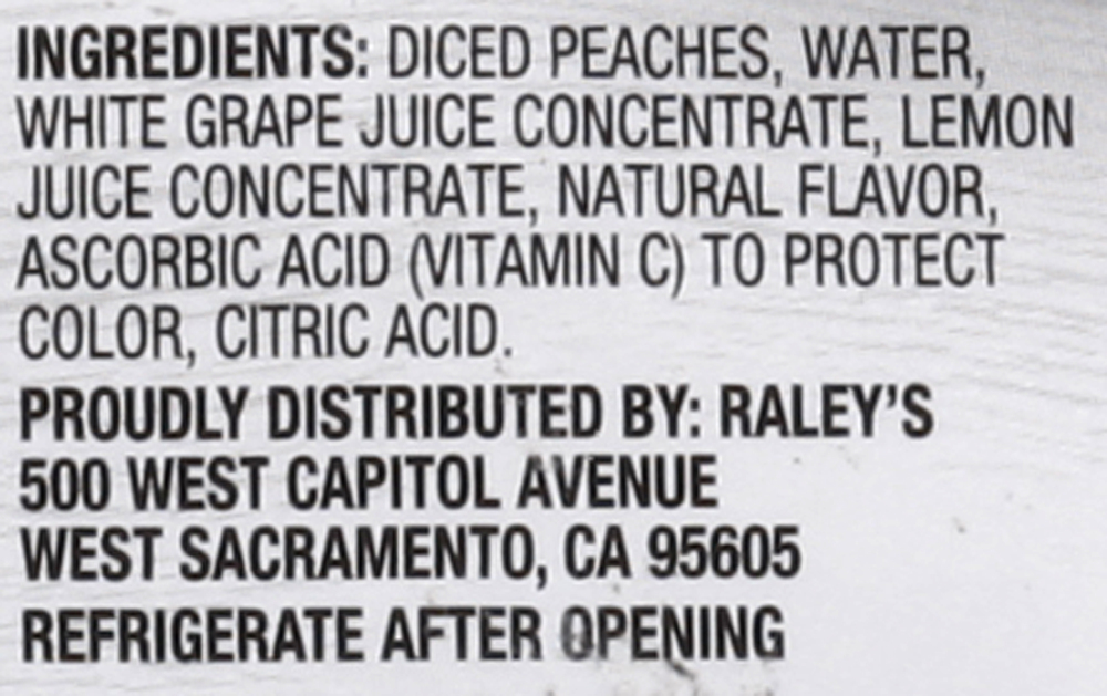 Raley's Yellow Cling Diced Peaches in Grape and Lemon Juice-Ingredients