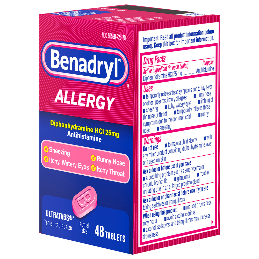 Benadryl Allergy, 25 mg, Tablets-Front-Right-Elevated