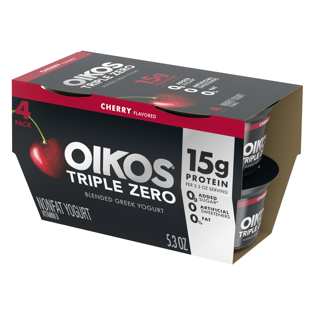 Oikos Triple Zero Yogurt, Nonfat, Blended, Greek, Cherry Flavored, 4 ...
